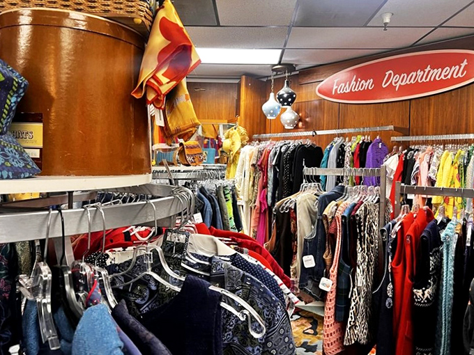 The "Fashion Department" isn't just a sign—it's a portal to decades when clothes were built to last and patterns weren't afraid to make a statement.