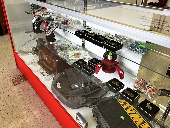 Behind glass, yesterday's valuables await tomorrow's collectors. One person's forgotten keepsake becomes another's conversation piece.