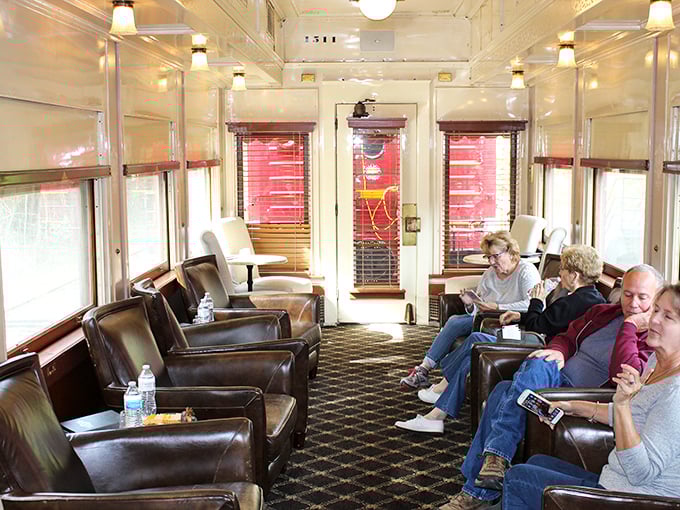 First-class comfort in a bygone era. These leather chairs aren't just seats; they're front-row tickets to the passing East Texas landscape.