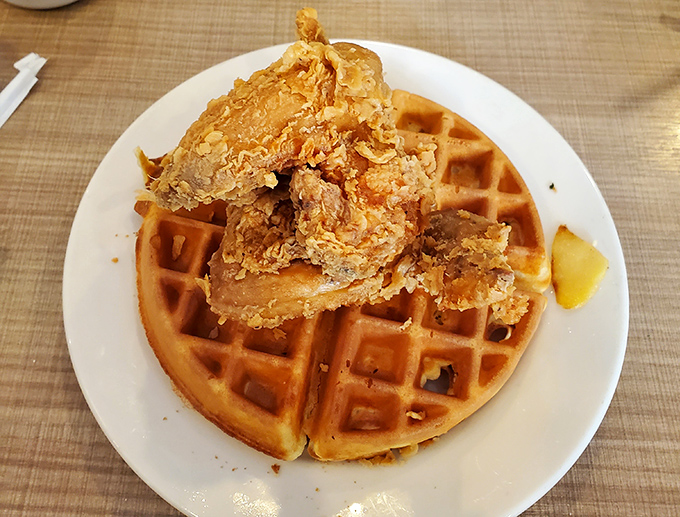 Chicken and waffles: the breakfast equivalent of a power couple. Golden, crispy, and making a compelling argument against separation of sweet and savory. 