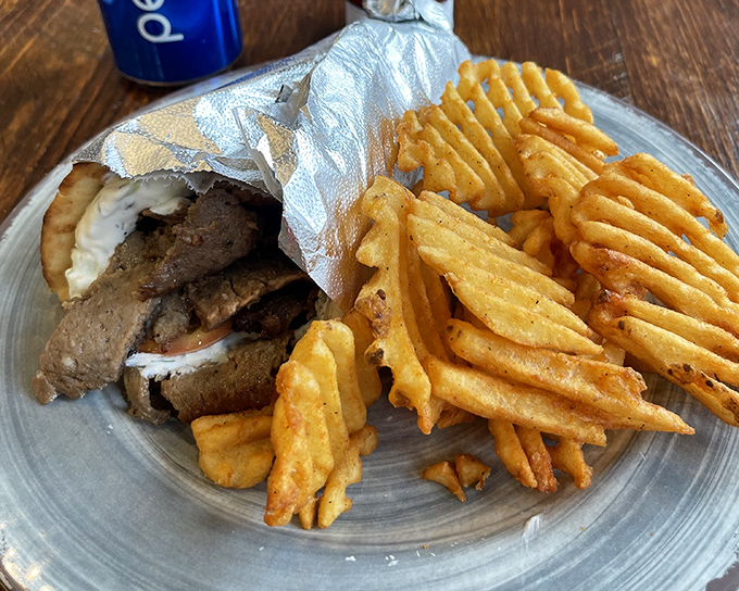 These aren't your average fries&mdash;they're waffle-cut companions to gyro perfection. Crispy, golden, and ready to soak up every last drop of tzatziki.