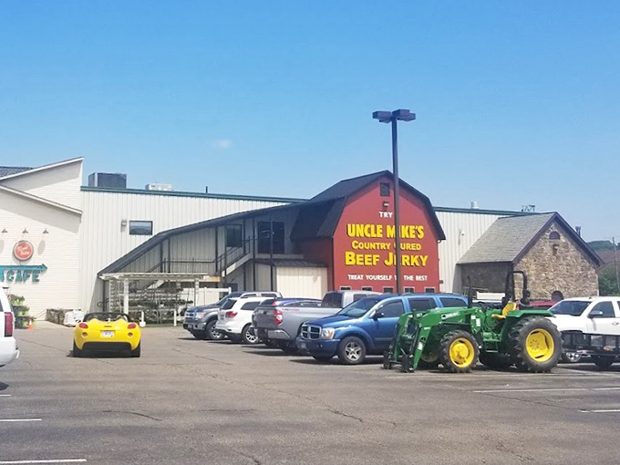 Where else can you find beef jerky marketed with barn-shaped architecture? Only in Amish Country, folks!