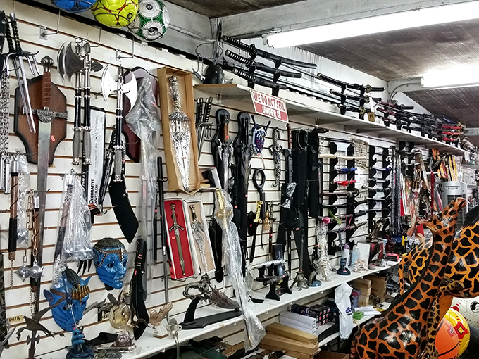 Medieval meets modern in this display where decorative swords share space with things your spouse won't let you buy.