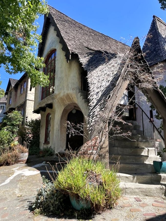 "Honey, I think the roof is melting!" Intentionally droopy rooflines create the illusion that this building has been standing since Merlin was an apprentice.