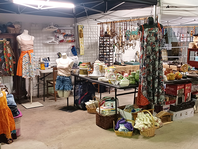 Fashion finds without the department store markup. Mannequins model possibilities while tables overflow with colorful treasures waiting for their second act.