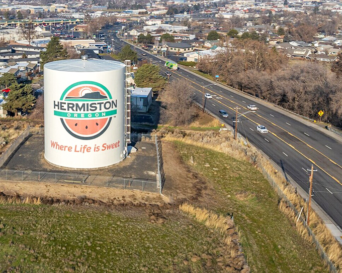 The iconic Hermiston water tower proudly displays the town's watermelon heritage. "Where Life is Sweet" isn't just a slogan&mdash;it's a lifestyle.