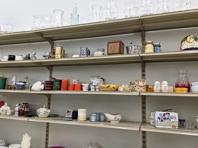 Glassware and knickknacks await new homes, each shelf a time capsule of America's decorating phases. That avocado-green pitcher? Pure 70s gold.