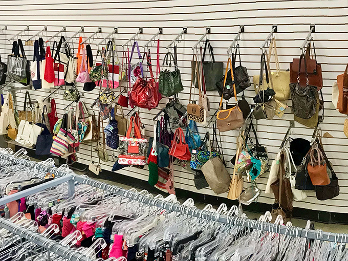 Handbags and purses line up like old friends, each carrying stories from their previous lives.