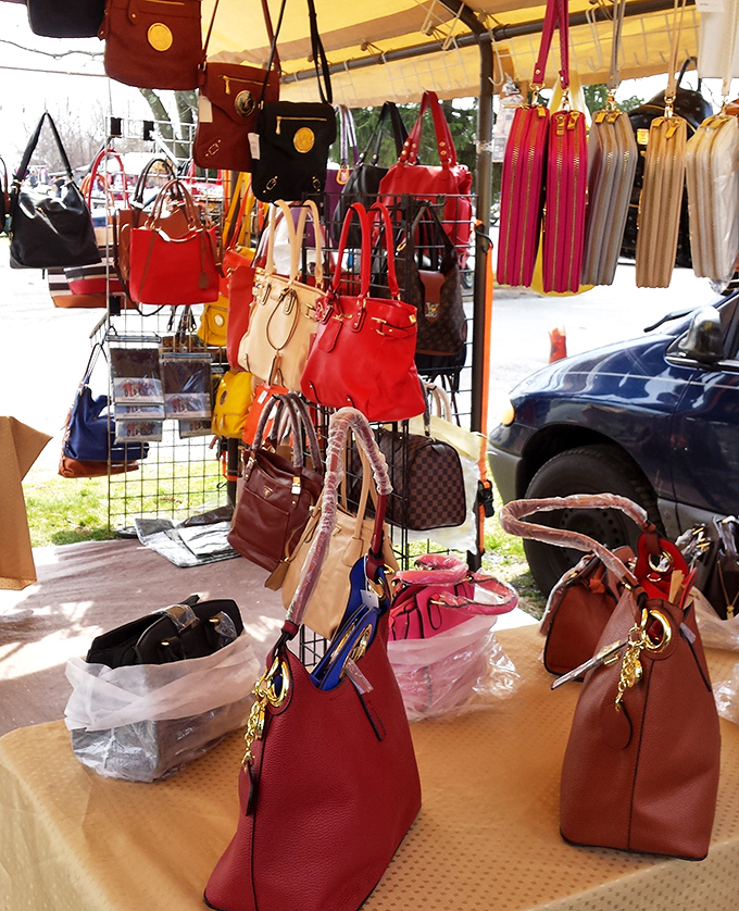 Handbag heaven awaits the savvy shopper. Designer lookalikes and genuine leather treasures hang like colorful fruit, ripe for the picking.