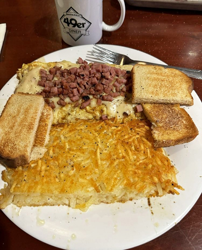 Breakfast perfection on a plate: golden hash browns, perfectly toasted bread, and an omelet that's seen more ham than a community theater production.