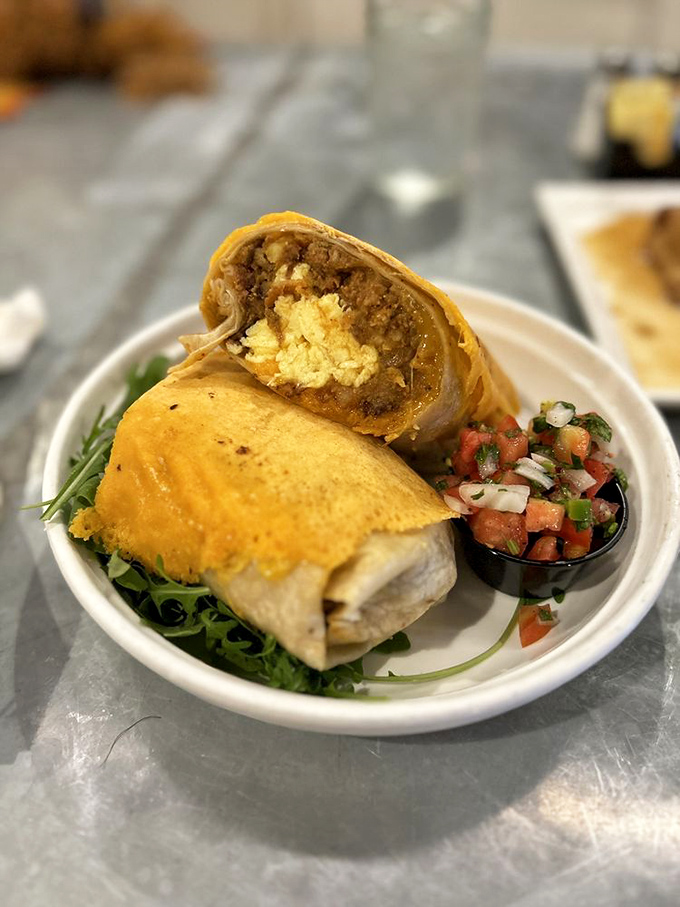 This breakfast burrito isn't just a meal—it's a masterclass in texture and flavor, with each bite delivering a perfect harmony of savory goodness.