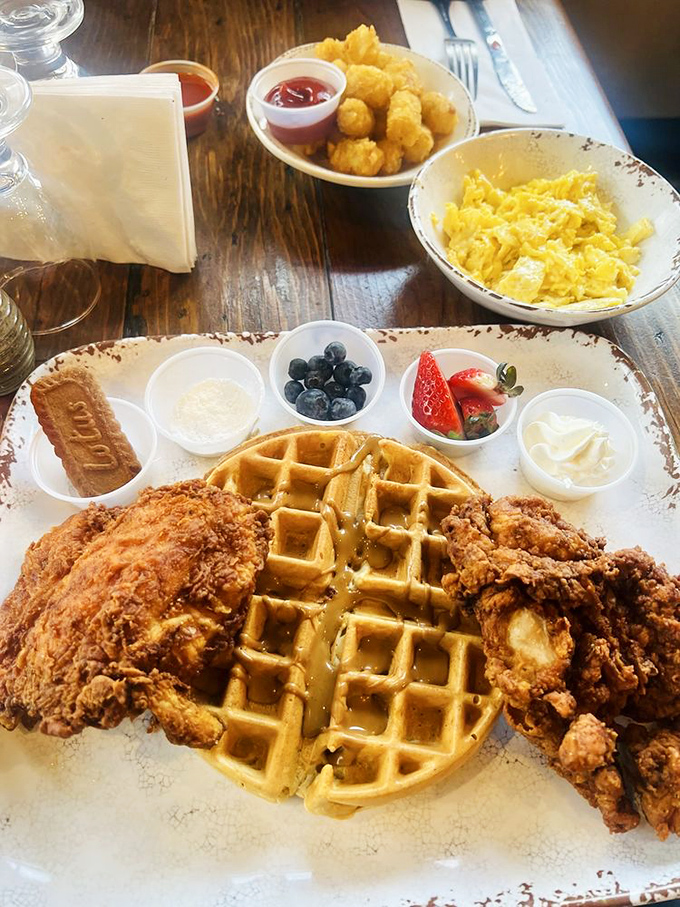 Chicken and waffles: the ultimate "why choose when you can have both?" solution. That golden-brown chicken skin crackles with each bite while the waffle soaks up maple goodness.