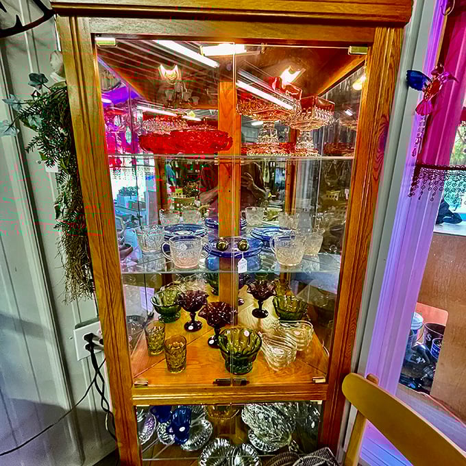 Glassware that survived cocktail parties of yesteryear, now waiting for its second act. Each crystal goblet holds stories alongside your future Manhattans.