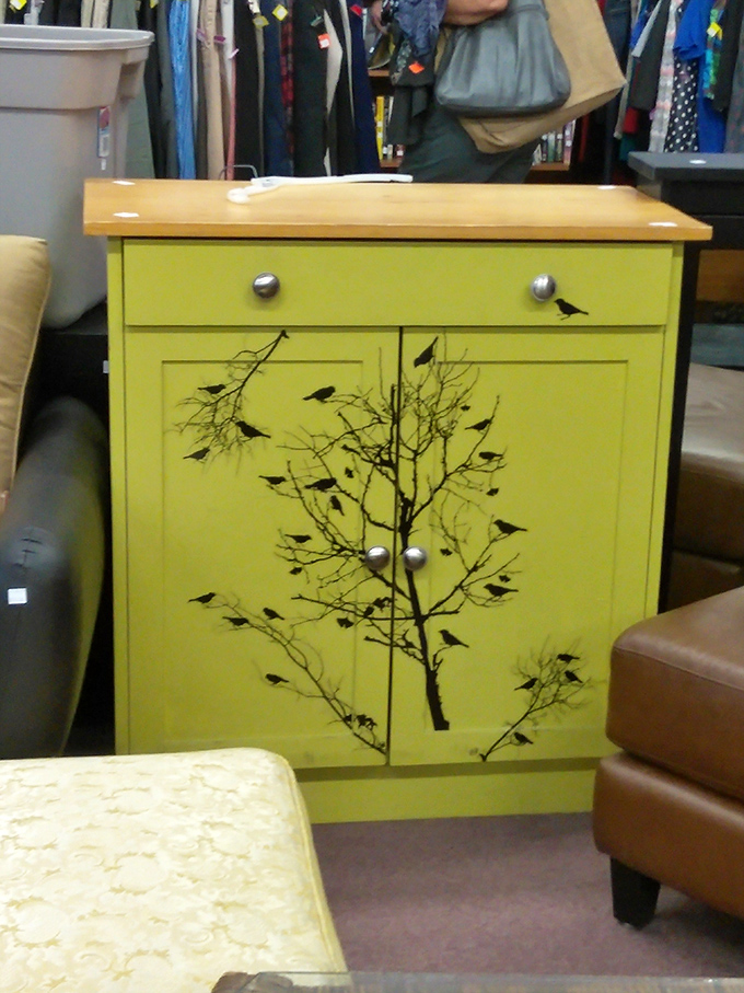 A lime-green cabinet adorned with birds perched on branches&mdash;someone's artistic upcycling project now awaits its second chapter.