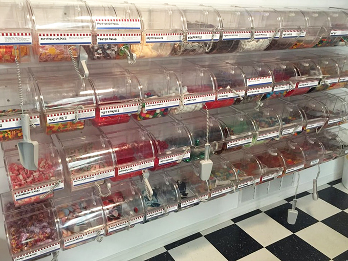 Clear candy dispensers line up like soldiers in a sugar army, each one guarding treasures more colorful than the last.