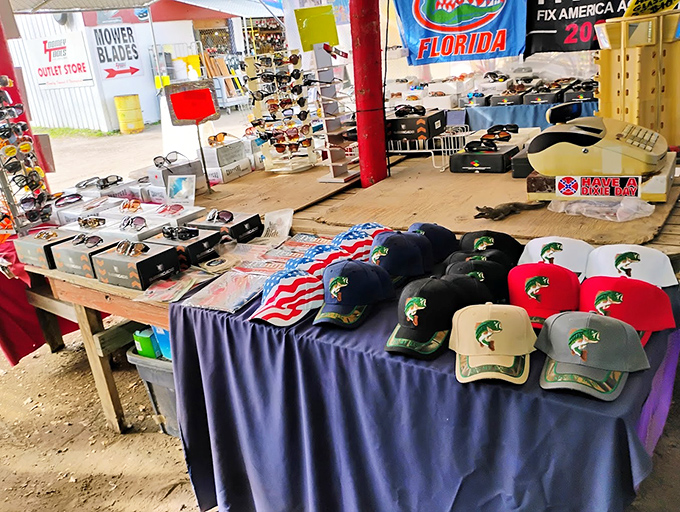 Florida pride meets outdoor lifestyle in this hat display. Nothing says "I fish therefore I am" quite like a bass-emblazoned cap collection.