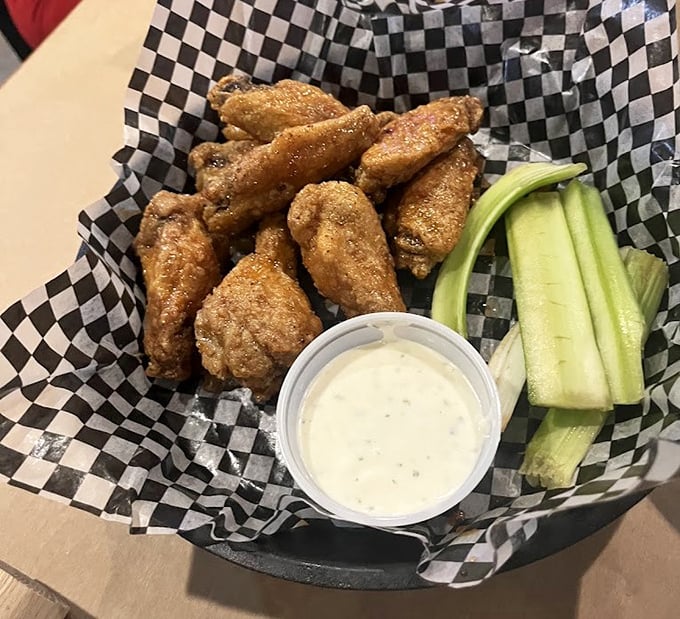 These golden beauties arrive in checkered paper like edible presents, complete with celery soldiers standing guard.