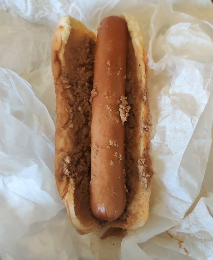 Sometimes a hot dog becomes art when topped with Leon's signature chili and cheese blend.