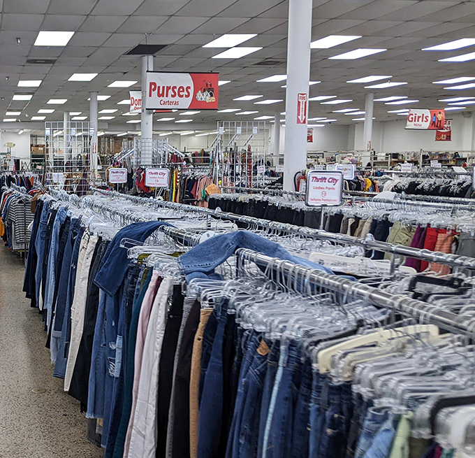 Denim paradise! The clothing section stretches as far as the eye can see, a blue jean jungle where fashion finds hide at fraction-of-retail prices.