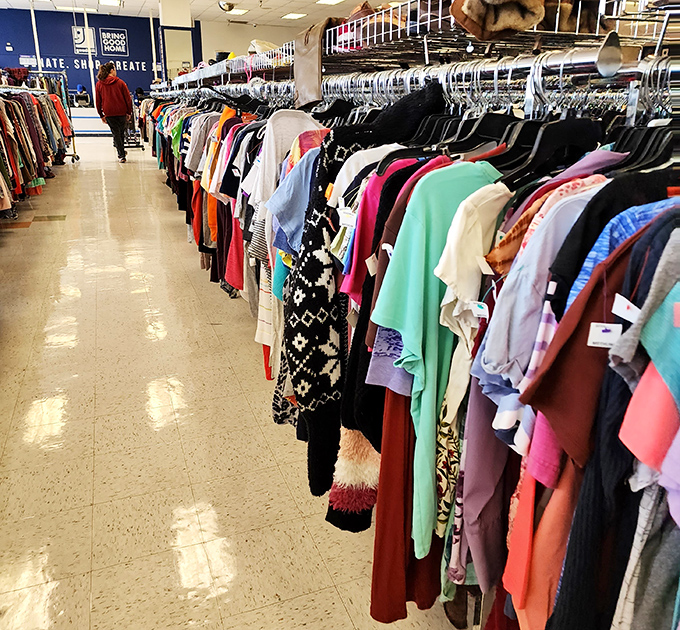 Rainbow rows of clothing stretch endlessly, proving that fashion history never really goes out of style completely.