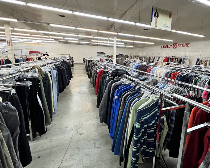 A color-coded clothing wonderland where patience and persistence transform $22 from coffee money into an entire seasonal wardrobe.