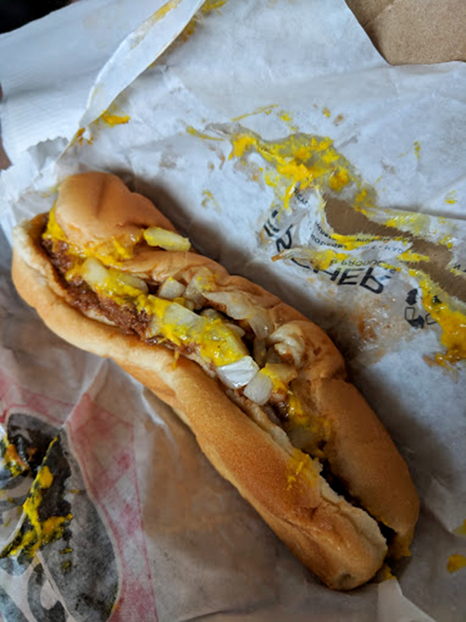 This coney dog isn't trying to impress Instagram&mdash;it's too busy being exactly what a proper Midwest hot dog should be: messy, mustard-laden perfection. 