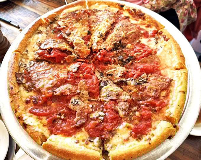 Behold the deep dish masterpiece that proves Chicago-style pizza can find a perfect home in sunny California. 