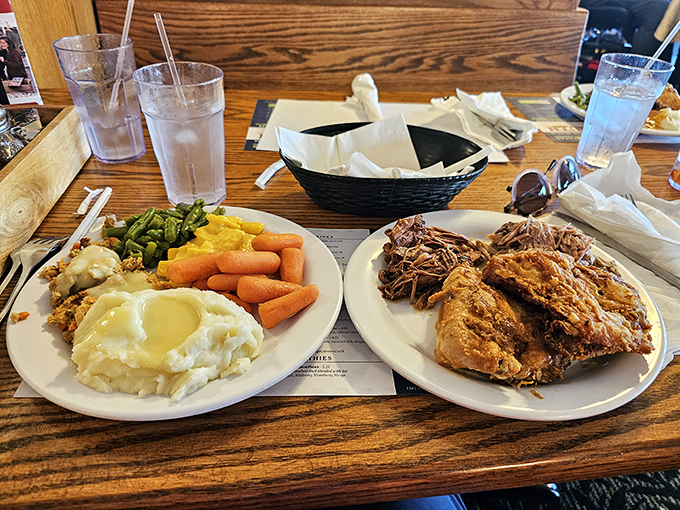Two plates that answer the eternal question: "Why choose between mashed potatoes and fried chicken when you can have both?" Ohio wisdom at its finest.