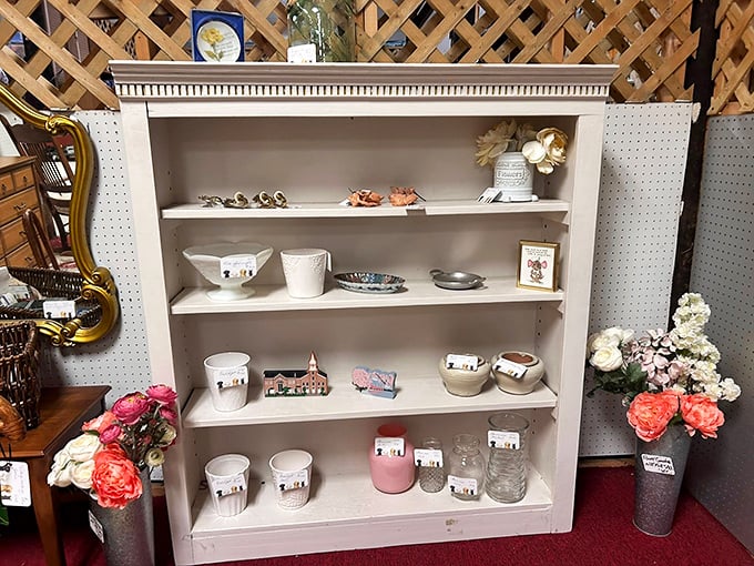 White shelves lined with ceramic treasures&mdash;each piece whispering stories of Sunday dinners and holiday gatherings from decades past.
