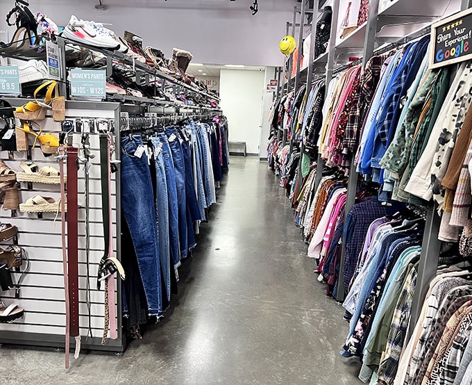 Denim boulevard stretches into the distance, each pair waiting to become someone's "I can't believe these were secondhand" story.