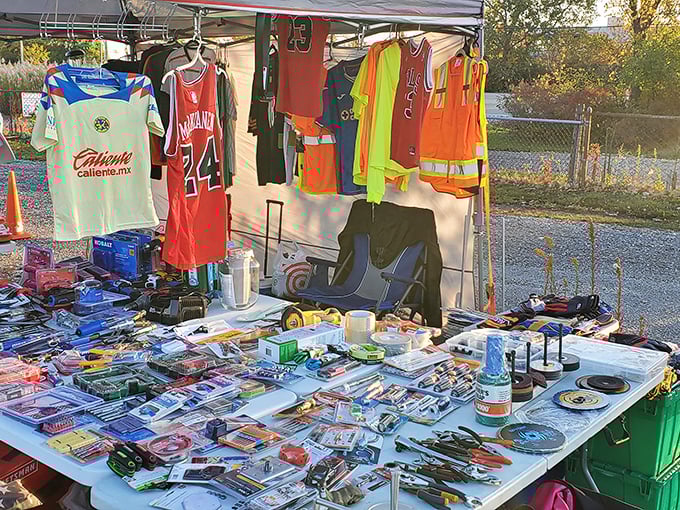 Sports jerseys hang like colorful flags above tables laden with gadgets, tools, and mysteries waiting to be discovered by the right pair of eyes.