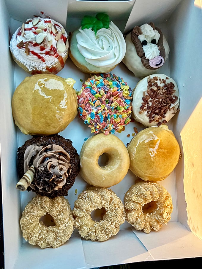 A dozen reasons to abandon your diet in one convenient box. That cereal-topped creation in the center is practically winking at you.