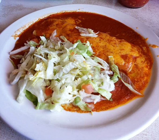 Enchiladas bathed in vibrant red sauce with a mountain of fresh lettuce &ndash; this isn't just food, it's edible artwork that tastes even better than it looks.