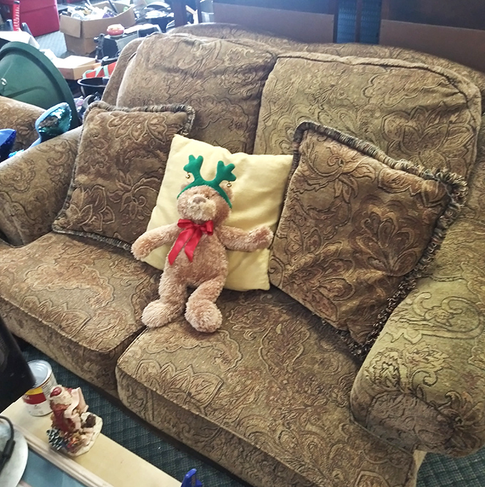The floral-patterned sofa that's seen a thousand family movie nights now offers its cushiony embrace to a stuffed reindeer enjoying temporary retirement from holiday duties.