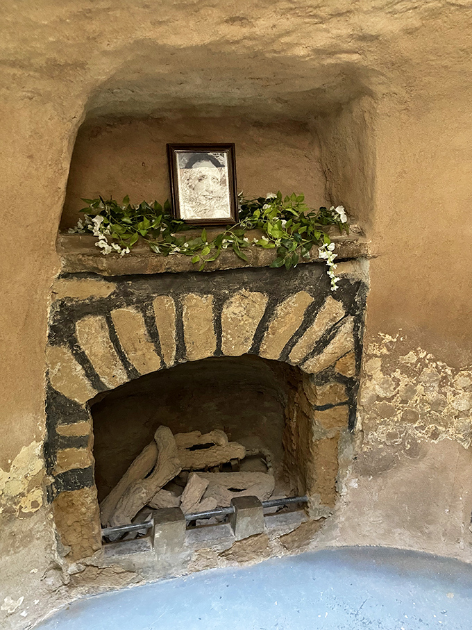 A cozy fireplace carved directly into the earth wall. Imagine winter evenings here, the dancing flames casting shadows across ancient stonework.