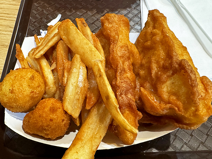 Golden perfection on a plate. The batter shatters with each bite, revealing flaky fish beneath—this is what dreams are made of.