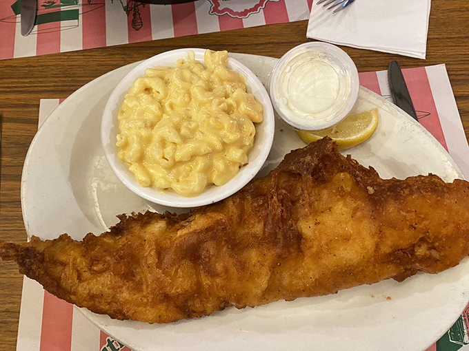 The legendary fish dinner that's worth crossing county lines for. That golden crust is the security blanket protecting the tender fish within.