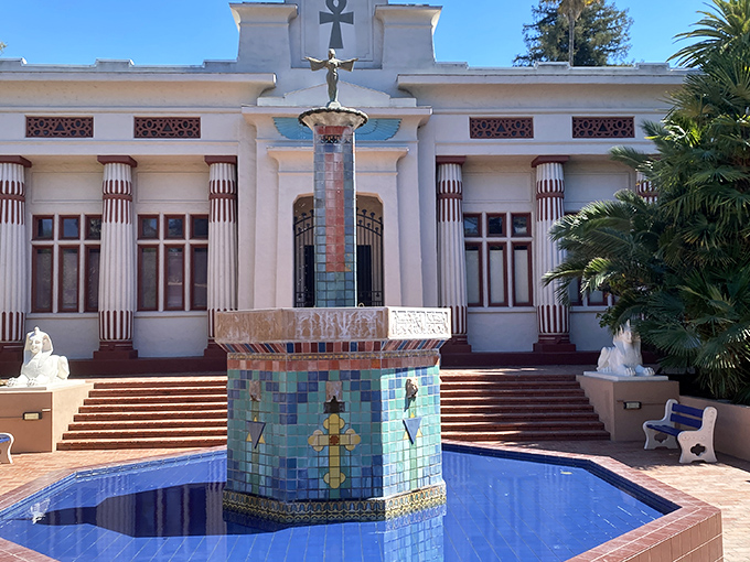 The peaceful courtyard fountain combines Egyptian symbolism with Mediterranean tranquility. A perfect spot to contemplate life's mysteries or just rest your feet.