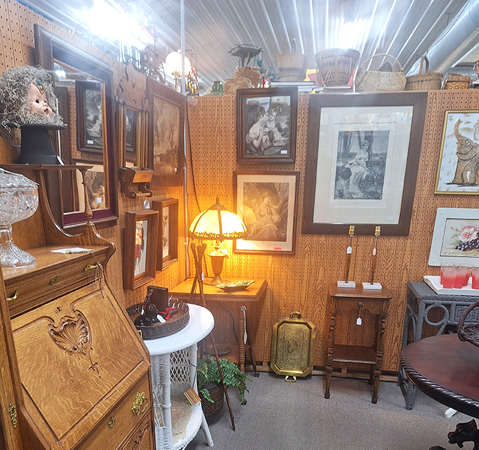 A perfectly curated corner that whispers, "Your living room could look this interesting." That lamp has definitely seen some conversations.