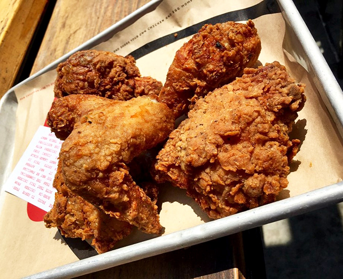 Golden-brown perfection that makes Colonel Sanders look like an amateur. This fried chicken achieves that mythical balance: shatteringly crisp outside, juicy heaven inside.