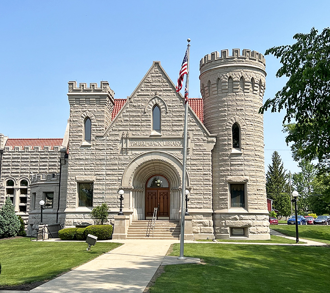 The grand entrance says "royal library" more than "small-town Ohio." Those imposing turrets and stonework would make any medieval architect proud.