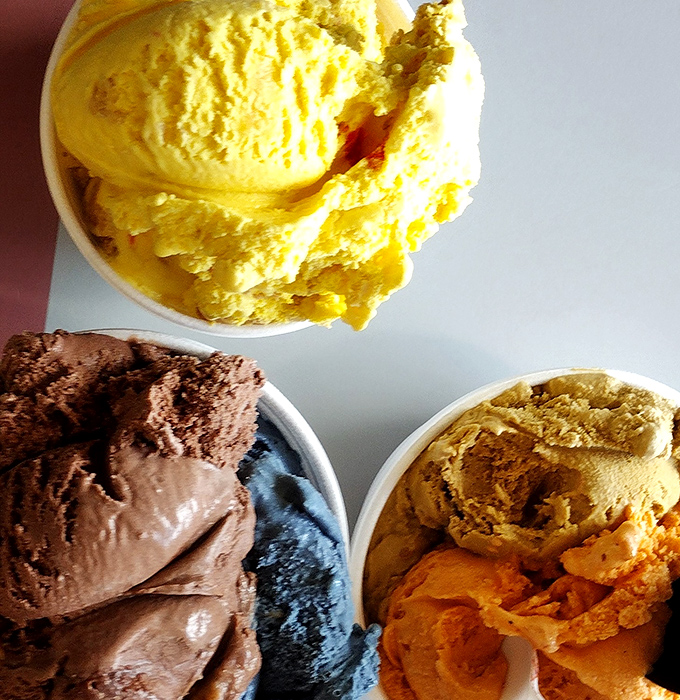 Three scoops of heaven in technicolor glory. Yellow, chocolate, and pumpkin&mdash;the holy trinity of fall flavors done Kerber's style.