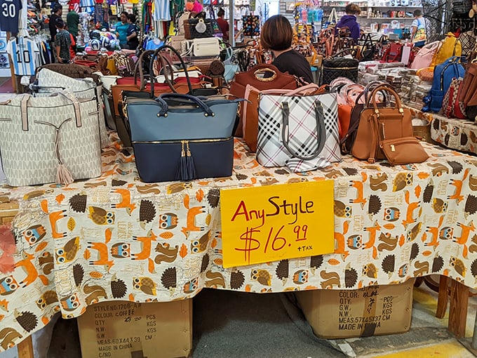 Handbag heaven or purse paradise? Whatever you call it, this display offers designer-inspired arm candy at flea market prices.