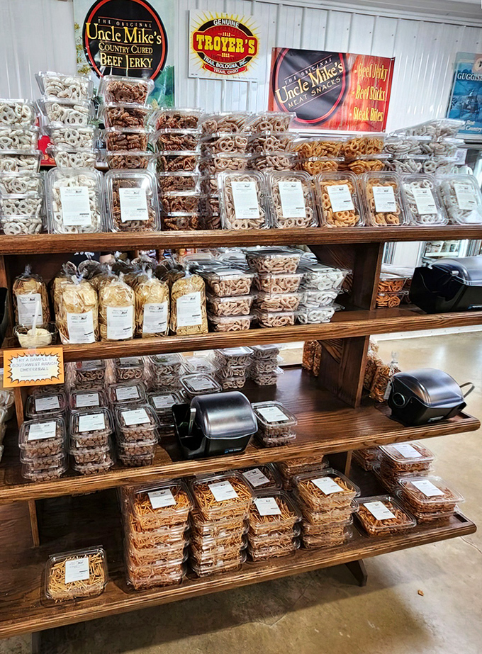 Shelves lined with Uncle Mike's jerky and Troyer's pretzels prove this place knows quality when it sees it.