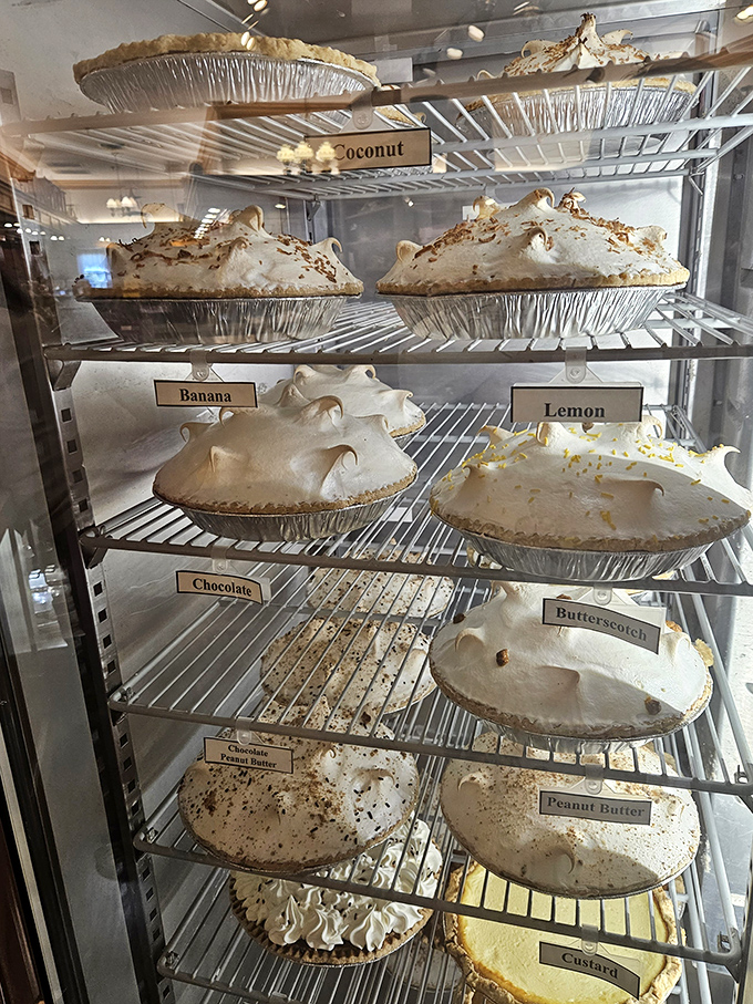 Behold the pie case of dreams, where coconut cream and chocolate compete for your undivided attention.