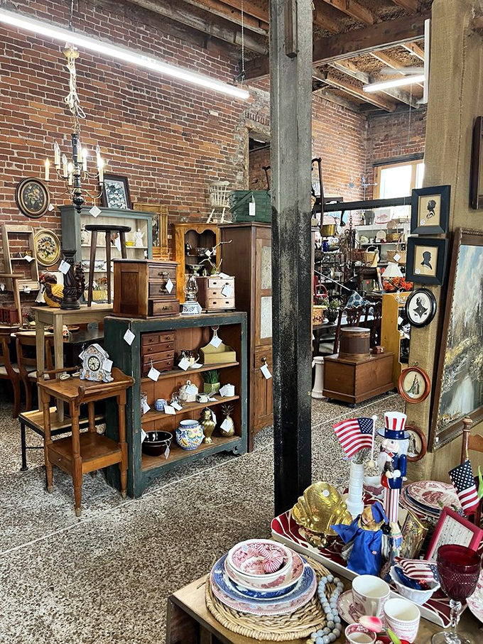 Brick walls and wooden beams frame an antique wonderland where every corner feels like stepping into a different decade.