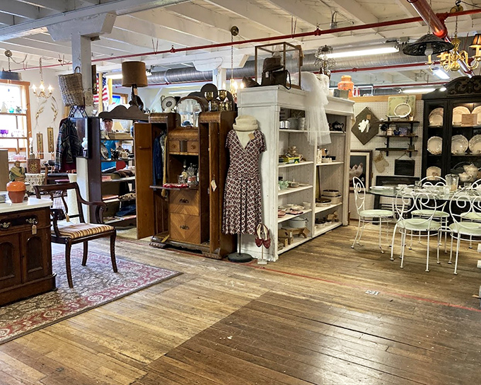 Where yesterday's furniture becomes tomorrow's conversation pieces. That vintage dress seems to be waiting patiently for its next dance.