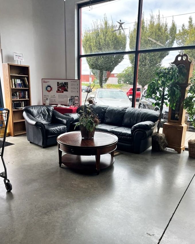 A cozy living room vignette by the window creates an unexpected moment of zen amid the treasure-hunting chaos.