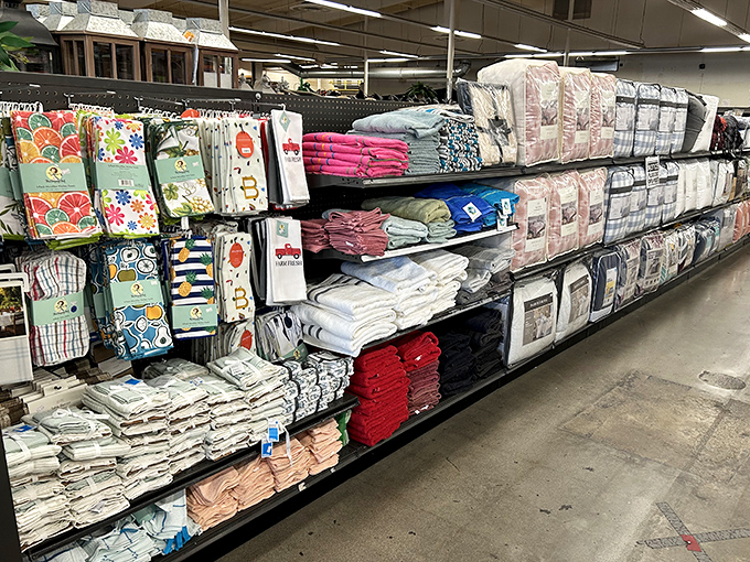 Kitchen linens in cheerful patterns and practical colors line the shelves like soldiers awaiting deployment. Even Martha Stewart would approve of these budget-friendly home essentials.