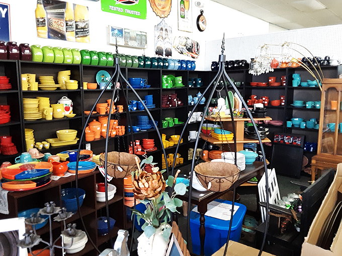 Fiestaware heaven! Like walking into your grandmother's cupboard if she collected every color known to Homer Laughlin and organized by rainbow.